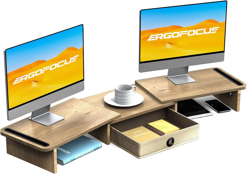 ErgoFocus Dual Monitor Stand Riser with Drawer-Adjustable Length and A ...